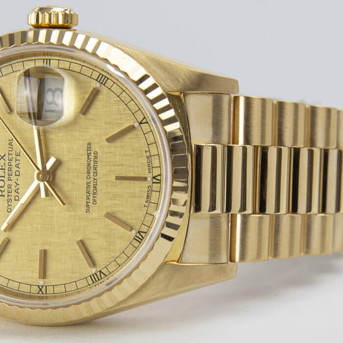 Rolex Oyster Perpetual Day-Date 36mm 18kt Yellow Gold 'Linen Dial' 18238 | Luxe Watches